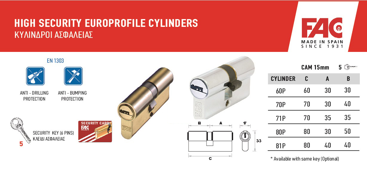 High Security Europrofile Cylinder 23037 Gold | AnysafesAnysafes